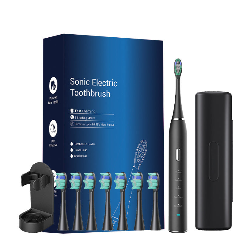 Black Sonic Rechargeable Electric Toothbrush with 8 Heads & Travel Cas ...